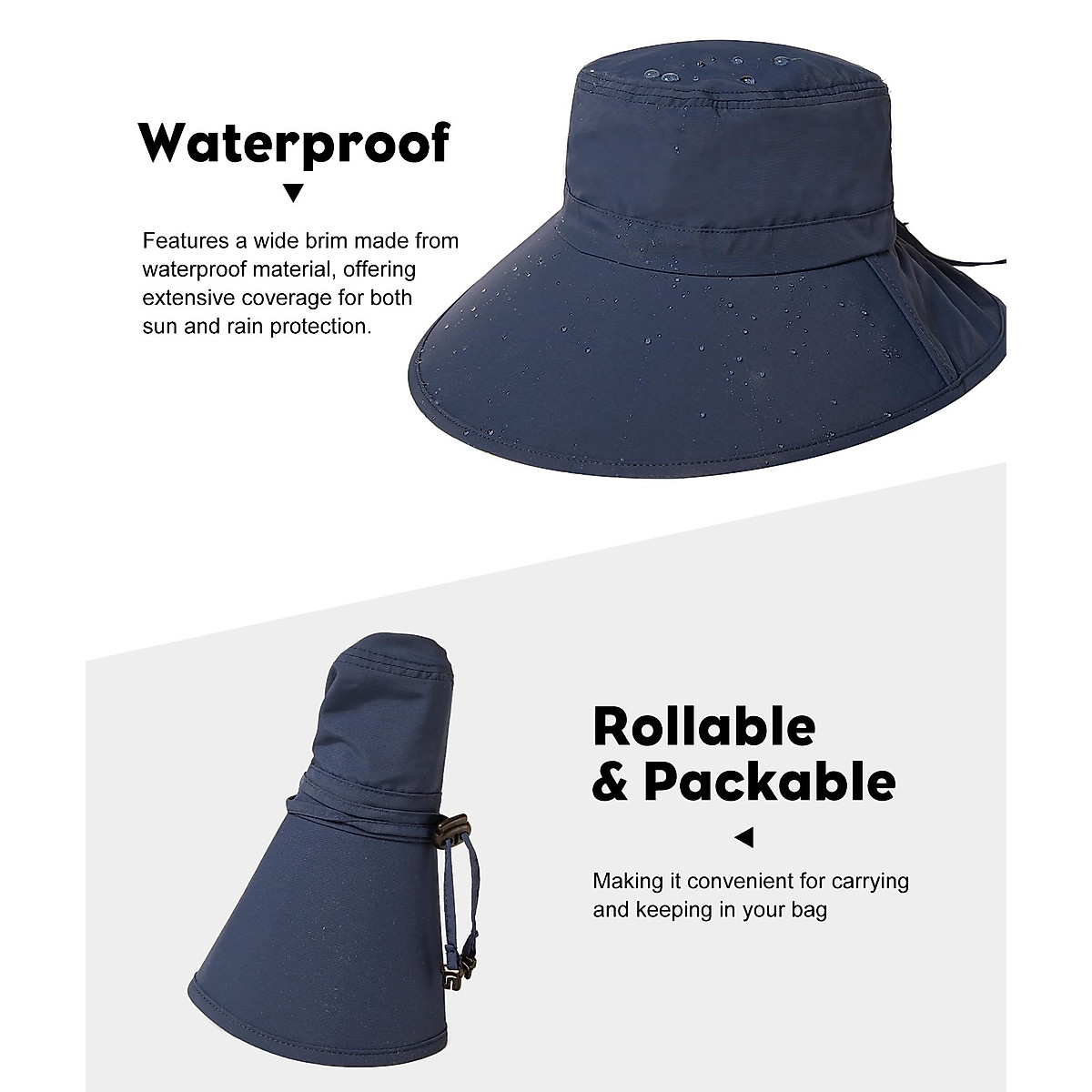 TOP-EX XL Sun Hats for Women SPF 50 Wide Brim Summer Hatsfor Ladies Waterproof Gardening Hiking Hat with Ponytail Hole & Neck Cover Packable Adjustable Medium Navy Blue