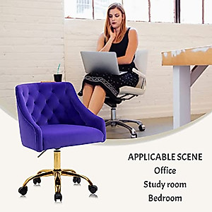 MOJAY Velvet Office Swivel Chair, Vanity Chair, Fabric Desk Chair, Pretty Fancy Chair, Gold Office Chair for Girls, 360°Swivel Height Adjustable Reception Chair (Purple)