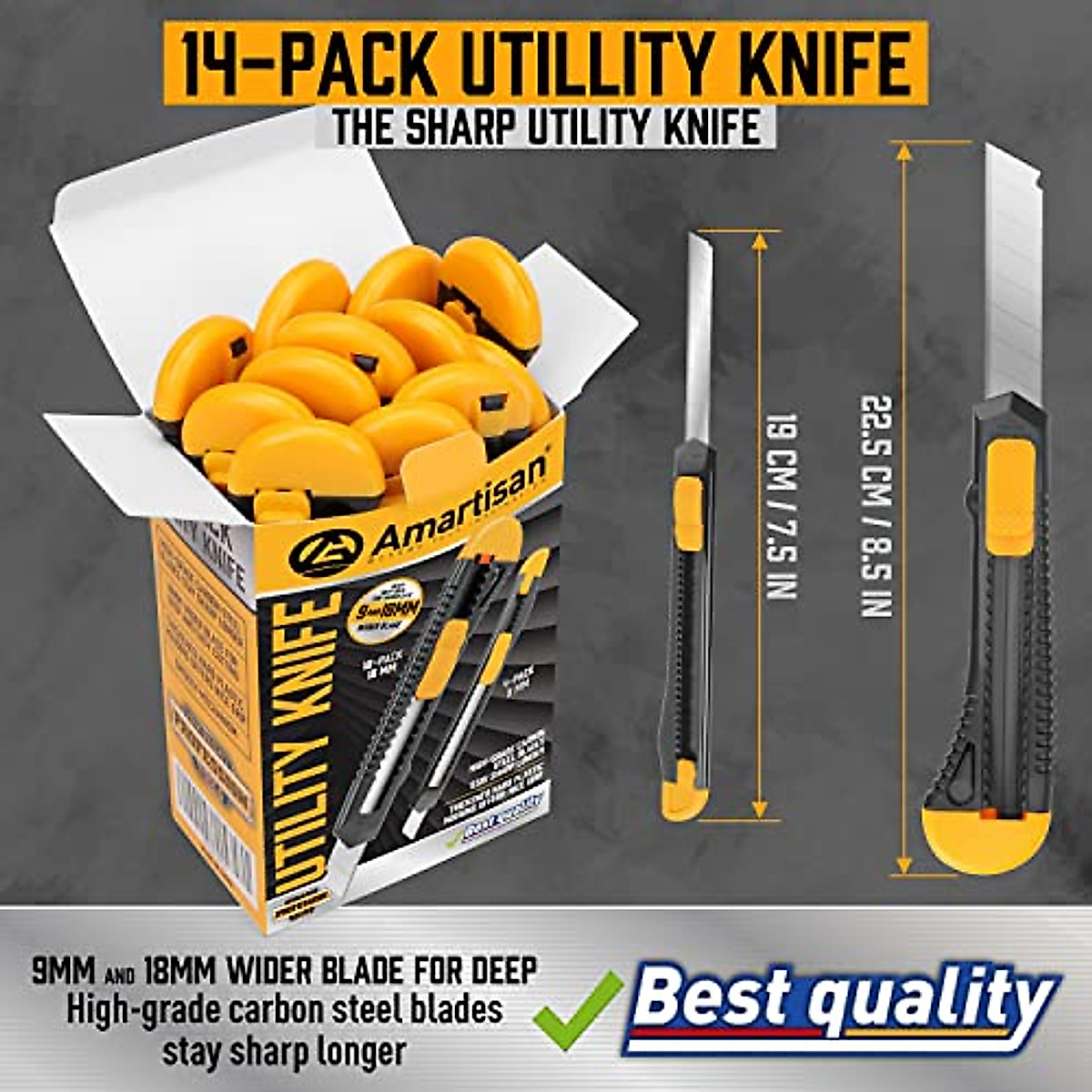Amartisan 14-Piece Retractable Box Cutter, Utility Knifes for Boxes, Cartons, Cardboard Cutting, 18mm & 9mm Wide Blade Cutter, Very Suitable for Office and Home Use.