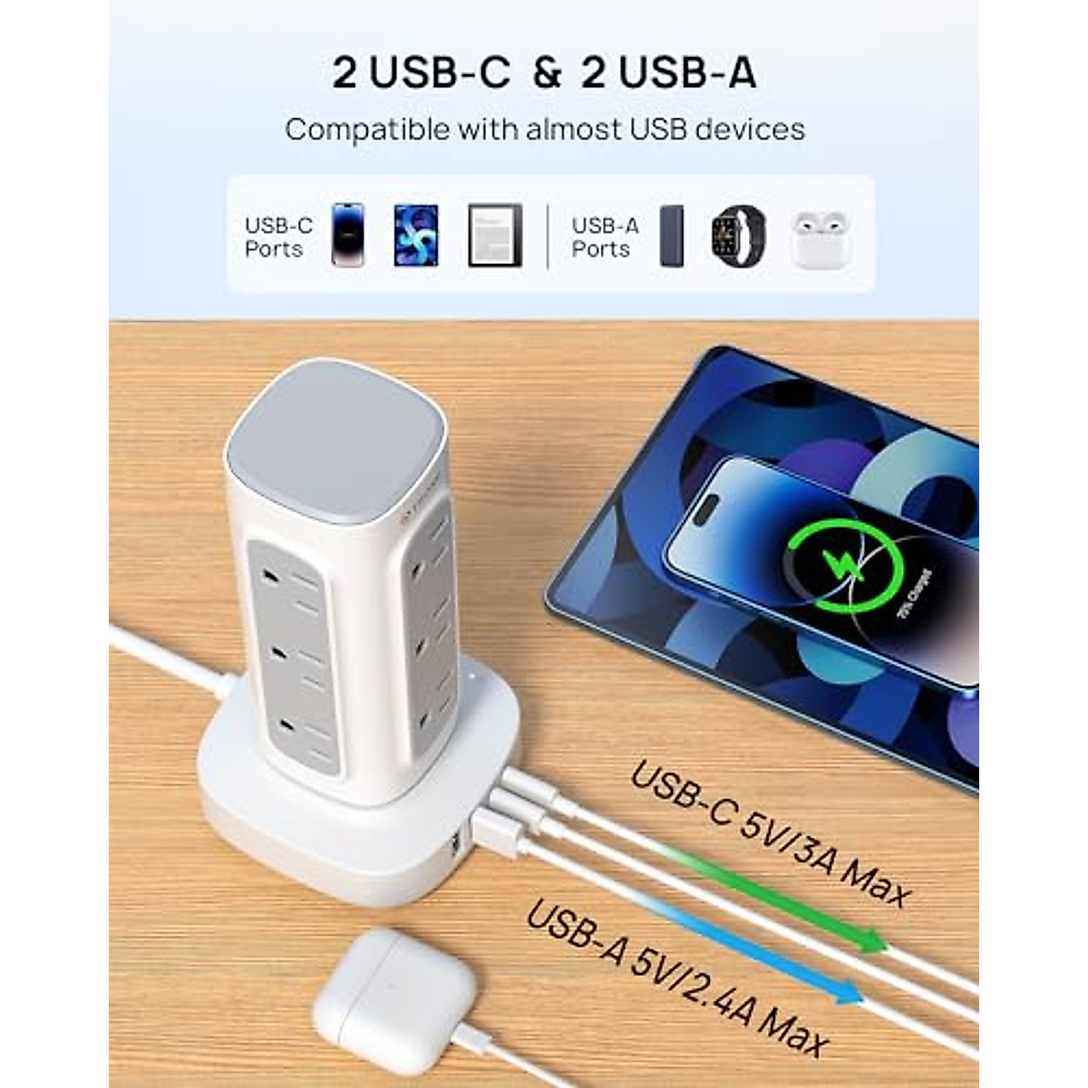 TROND Tower Power Strip Surge Protector - Power Strip with 4 USB Ports(2 USB C), 12 Widely Spaced Outlets, Ultra Thin Flat Plug 10ft Extension Cord, 1700J, for Home Office Supplies, Dorm Essentials