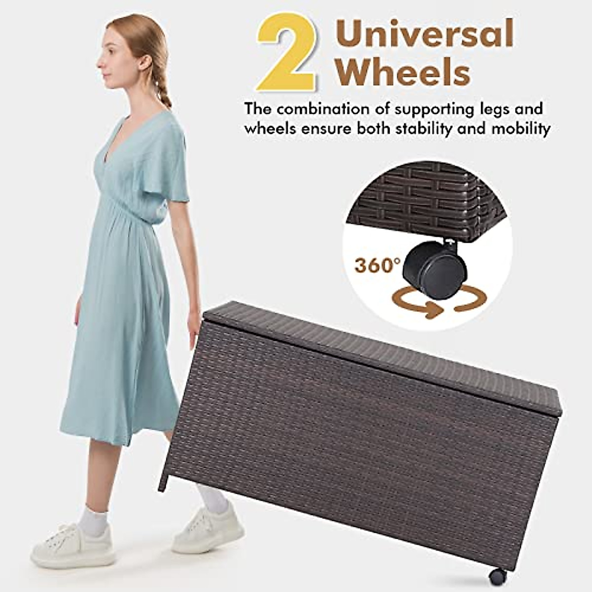 Tangkula 50 Gallon Wicker Deck Storage Box, Patio Rattan Storage Container with 2 Universal Wheels, Safety Pneumatic Rod, Zippered Liner, Sturdy Steel Frame, Ideal for Backyard, Poolside (Mix Brown)