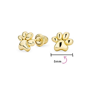 Unisex Tiny Mini BFF Animal Puppy Kitten Pet Dog Lover Cat Paw Print Stud Earrings For Women Teen Real 14K Yellow Gold Safety Clutch Screw back
