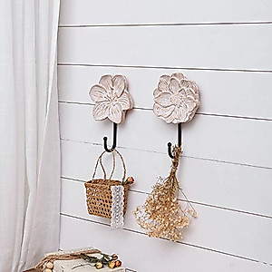 SOFFEE DESIGN Set of 2 Single Hooks 3D Flower Wood Carving Retro Style for Room Wall Decoration, Coat Hat Scarf Hanging Hanger Entry Heavy Hooks Home Decor