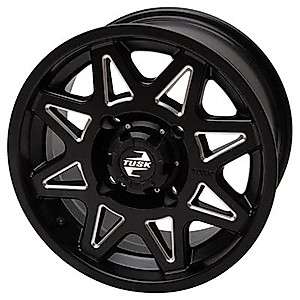 Four 28x10-14 Tusk TERRABITE Heavy Duty 8-Ply Radial UTV Tires mounted on Tusk TINTIC Wheels - For KAWASAKI TERYX 750 800 - Includes Lug Nuts (4+3 Wheel Offset, Milled Black)