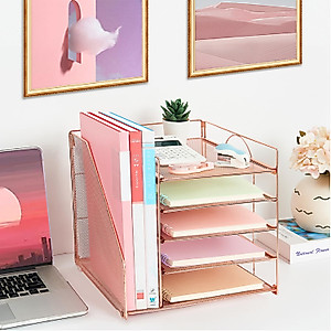 LEKETREE Desk Organizers and Accessories, 5-Tier Paper Letter Tray Organizer with File Holder, Office Supplies for Women, Desk Accessories & Workspace Organizers(Rose Gold)