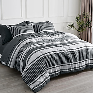 PHF 7 Pieces California King Comforter Set, Striped Bed in A Bag, Charcoal Grey White Bedding & 18" Deep Pocket All Season, Ultra Soft Bedding Sets with Comforter, Sheets, Pillowcases & Shams
