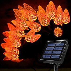 C6 Orange Halloween Lights, Waterproof 8 Mode Solar Halloween String Lights, 21Ft 50LED Orange Solar Christmas Lights C6 Strawberry Lights for Halloween Decoration Thanksgiving Day Christmas Holiday