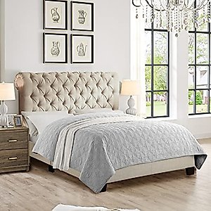 Rosevera Gideon Bed Frame/Fabric Upholstered Bed Frame with Adjustable Headboard/Chesterfield-Styled/Wood Slat Support/Easy Assembly,Twin,Beige