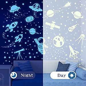Glow in The Dark Stars Space Wall Decals Ceiling Stars Glow in The Dark Astronaut Universe Galaxy Planet Wall Stickers Glowing Stars for Bedroom Living Room Decor Christmas Gift Stocking Stuffers