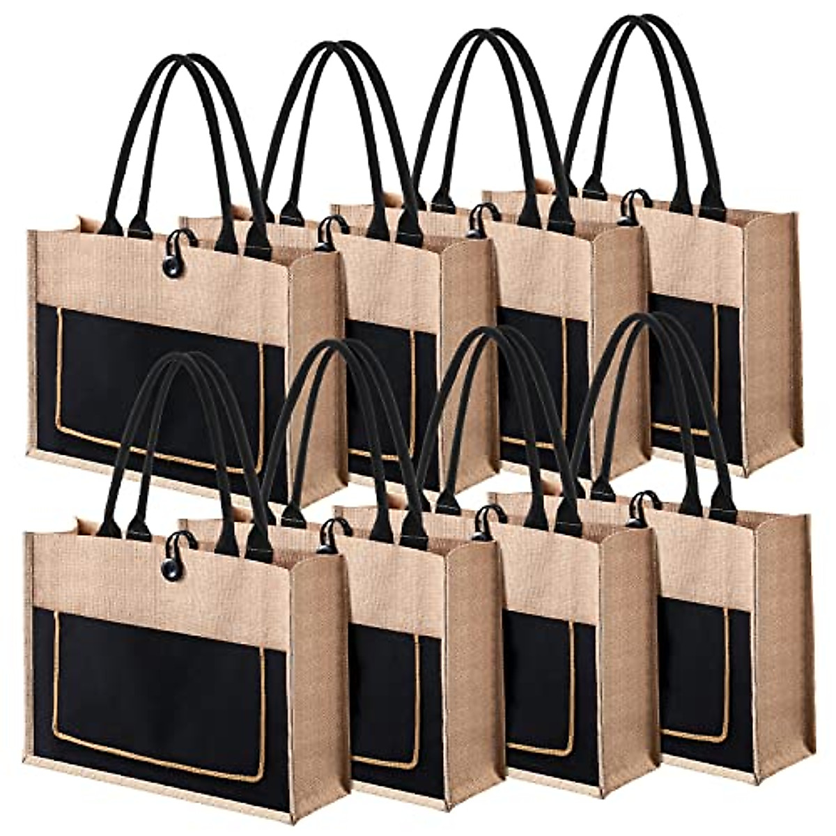 8 Pcs Burlap Tote Bags with Handles Bulk Jute Tote Bags with Canvas Front Pocket Large Burlap Bags Beach Bag Set Reusable Grocery Bags Bridesmaid Tote Bags for Women Wedding Picnic Travel Work