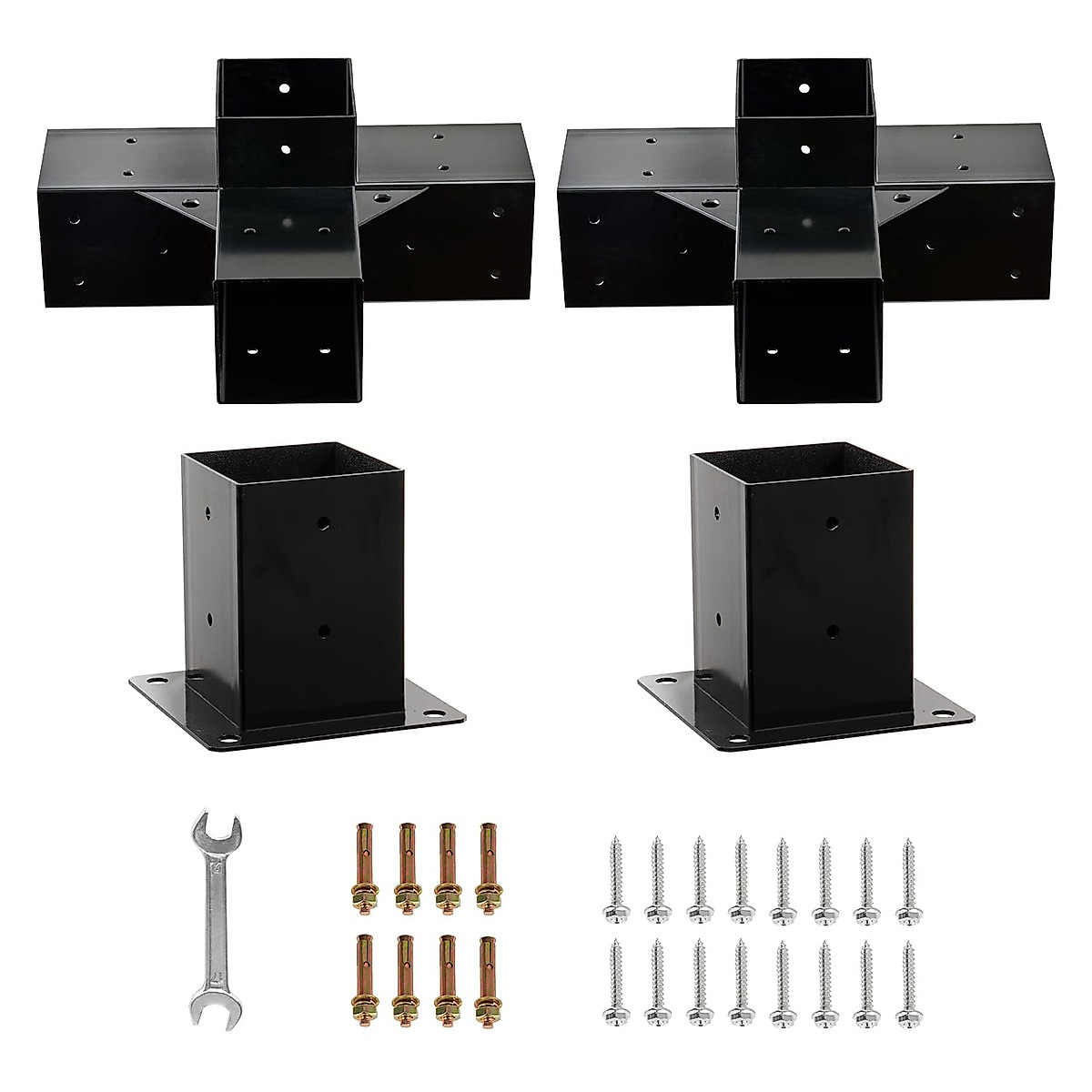 Anman 4-Way Right Angle Corner Wood Brackets(Alloy Steel) with Screws for 4x4 (Actual: 3.5x3.5), DIY Pergola Kit/Gazebo Kit/Patio/Sheds (4 Way pergola Brackets & Flange Anchor Bases (2 PCS))