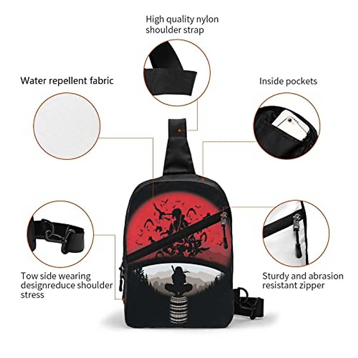 Cool Anime Crow Sling Backpack Chest Bag Waterproof Crossbody Shoulder Bag, Adjustable Travel Hiking Daypack for Men Women Hiking Outdoor