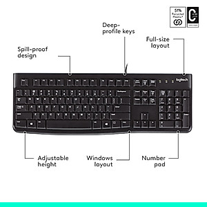 Logitech K120 Wired Keyboard for Windows, Plug and Play, Full-Size, Spill-Resistant, Curved Space Bar, Compatible with PC, Laptop - Black