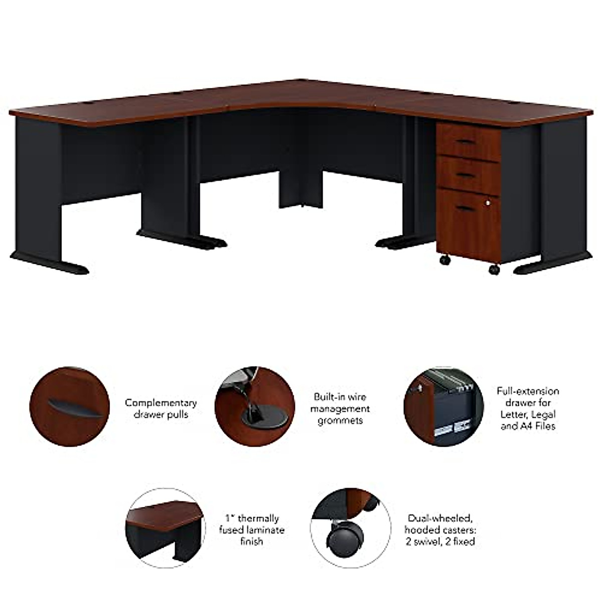 Bush Business Furniture Series A Corner Desk with Mobile File Cabinet, 84W x 84D, Hansen Cherry/Galaxy