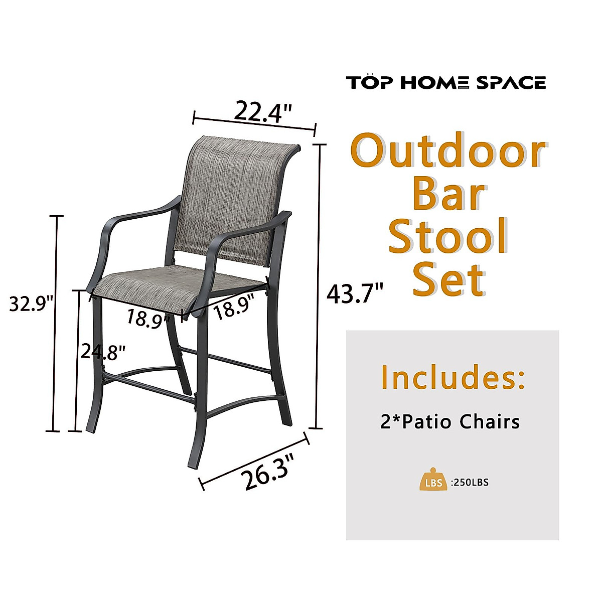 TOP HOME SPACE Outdoor Bar Stool Set of 2,Patio Height Stools & Bar Chairs,All-Weather Patio Chairs for Backyard Lawn Garden,300 LBS Capacity(Grey)
