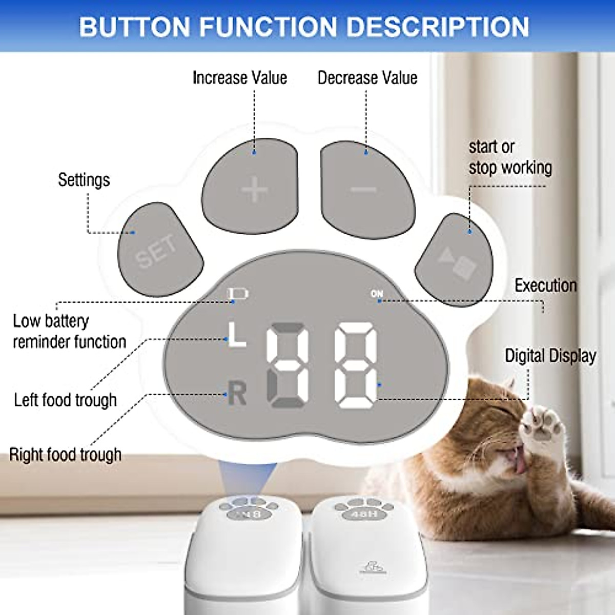 PeTnessGO Automatic 2 Meals Cat Feeder, Pet Feeder with Programmable Timer, LED Display, Power Saving Mode, Dishwasher-Safe Tray Feeds Wet or Dry Food, Dispenser for Cat and Dog, 48-Hour Timed
