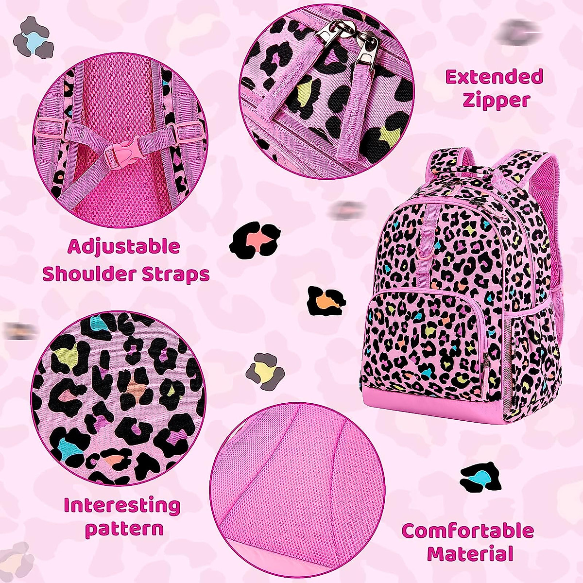 Choco Mocha Cheetah Backpack for Girls Backpack Elementary School Backpack for Kids Backpacks for Girls 17 inch Backpack for Girls 2nd 3rd Grade Leopard Bookbag School Bag 6-8 with Chest Strap Pink