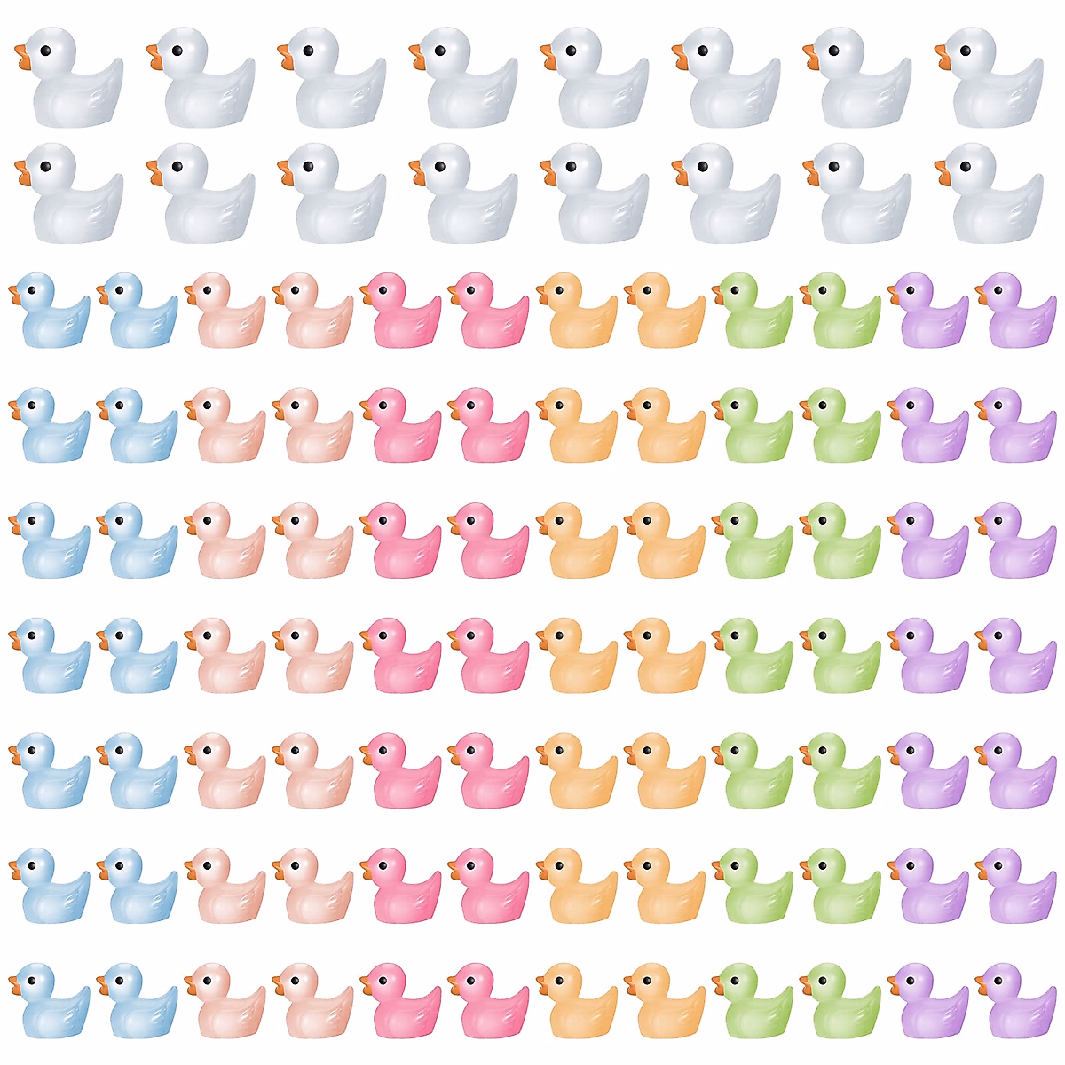 FRIUSATE 100 PCS Tiny Ducks Miniature Resin Duck Glow in The Dark Ducks Mini Figures Micro Landscape Aquarium Dollhouse Ornament Potted Plants DIY Decoration for Prank Party Favor, Ducks Luminous