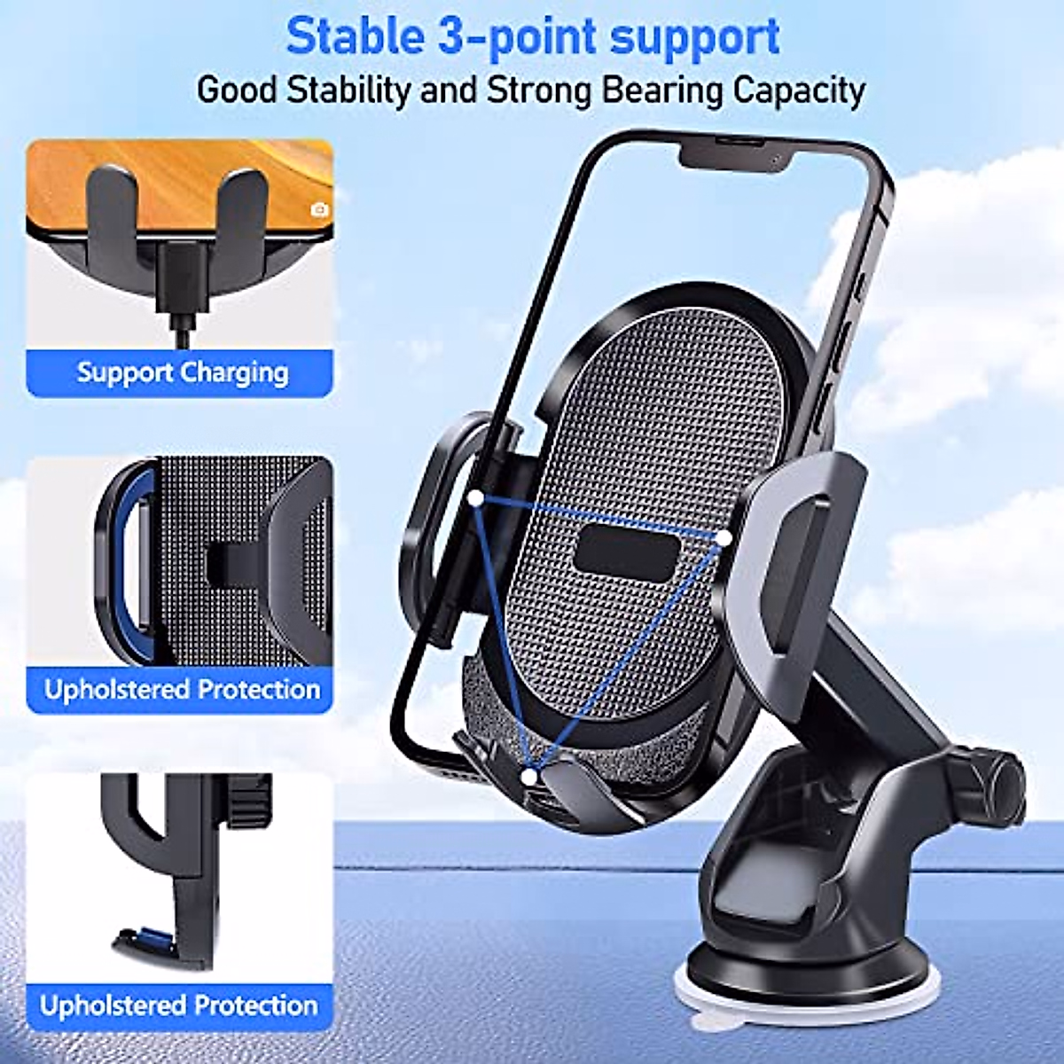 Huryfox Car Phone Holder Mobile Mount - Handsfree Driving Cellphone Stand, Smartphone Support on Dashboard, Windshield, Vent and More, Automobile Cradle Compatible with iPhone, Android Phone