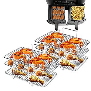 Air Fryer Rack Compatible with Ninja DZ201 DZ401 XL Air Fryer 2-Basket Electric Fryer (2Pack) , Multi-Layer Grill Rack, Grill Rack, Double Basket Air Fryers Rack, 304 Stainless Steel Toast Rack