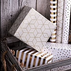MAYPLUSS Wrapping Paper Roll - Mini Roll - 17 inch X 120 inch Per roll - White & Gold Foil Design (42.3 sq.ft.ttl)