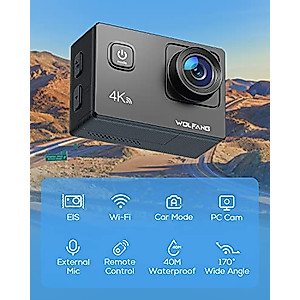 WOLFANG GA100 Action Camera 4K 20MP Waterproof 40M Underwater Camera EIS Stabilization WiFi 170° Wide Angle Helmet Camera (External Microphone, Remote Control, 2 Batteries and Accessory Kit)