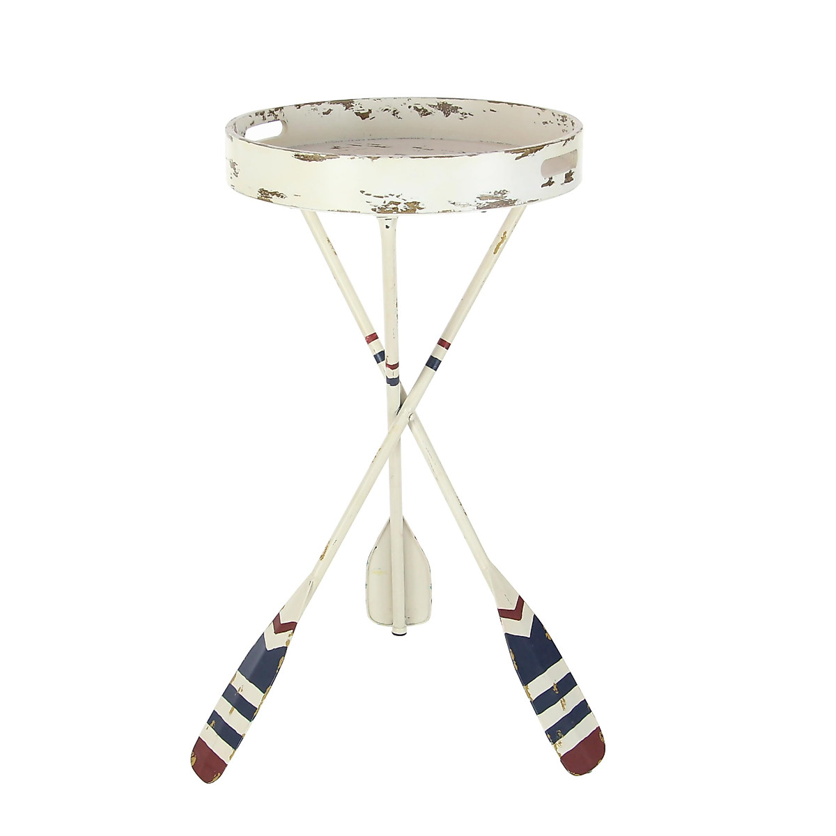 Deco 79 Metal Paddle Side End Accent Table Distressed Striped End Table with Navy and Red Striped Oar Legs, Side Table 16" x 16" x 28", White