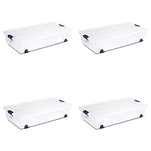 Sterilite 17611704 60 Quart/57 Liter ClearView Latch Wheeled Underbed Box, Clear Lid and Base with Sweet Plum Latches and Wheels, 4-Pack