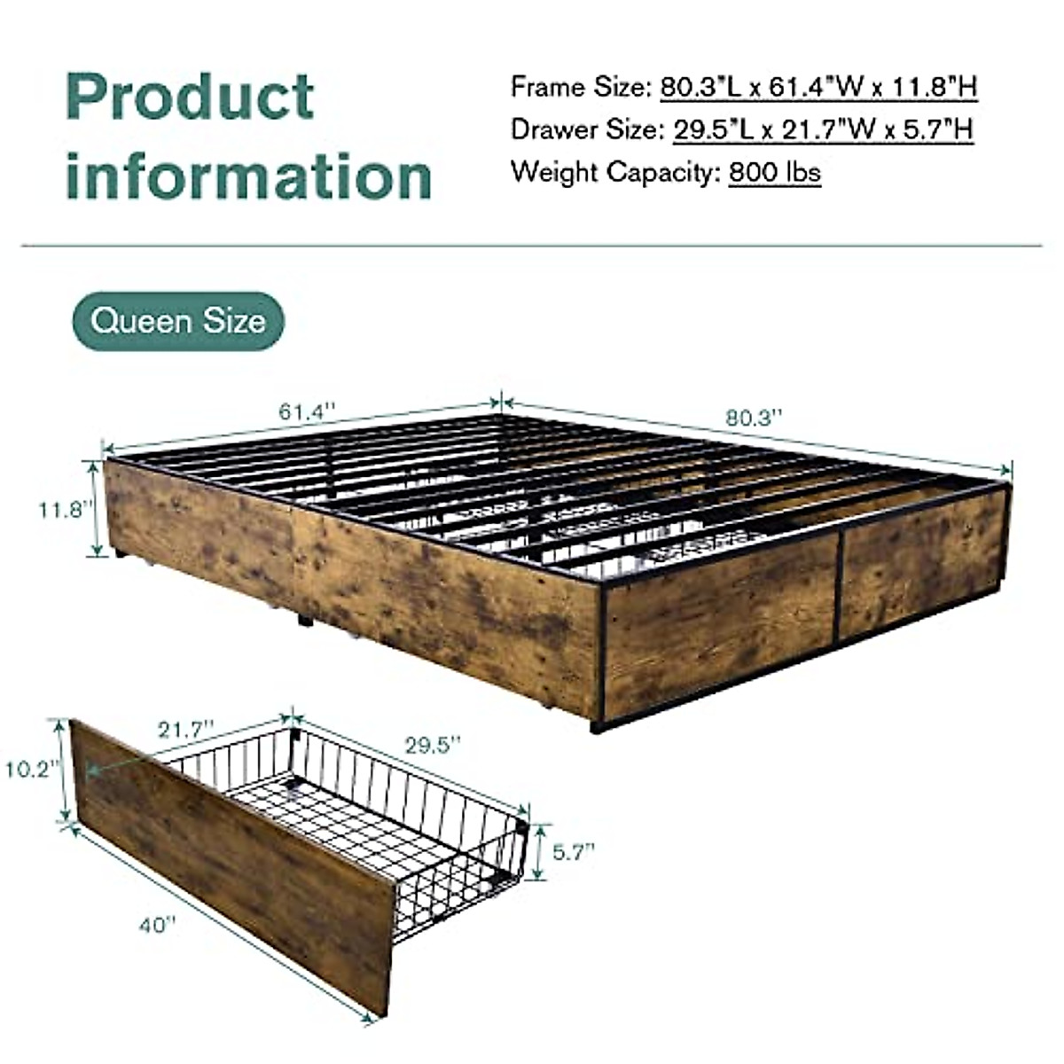 IMUsee Queen Size Bed Frame with 4 Large Storage Drawers, Heavy Duty Metal Platform Queen Bed Frame with 13 Strong Metal Slats Support, Wooden Board Decor, No Box Spring Needed, Noise Free