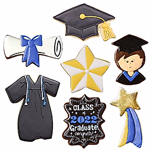 Ann Clark Cookie Cutters 7-Piece Graduation Cookie Cutter Set with Recipe Booklet, Graduation Cap, Gown, Diploma, Graduate, Star, Plaque, and Shooting Star