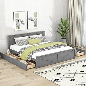 BIADNBZ King Size Wooden Platform Bed Frame with Headboard,Four Storage Drawers and Support Legs for Bedroom Guest Room,No Box Spring Needed,Gray