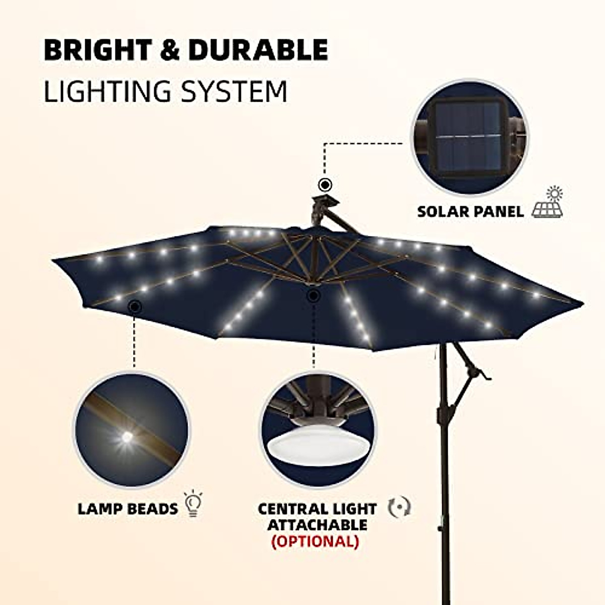 wikiwiki 10ft Solar LED Offset Hanging Market Patio Umbrella for Backyard, Poolside, Lawn and Garden,Easy Tilt Adjustment, Polyester Shade & Cross Base (Navy Blue)