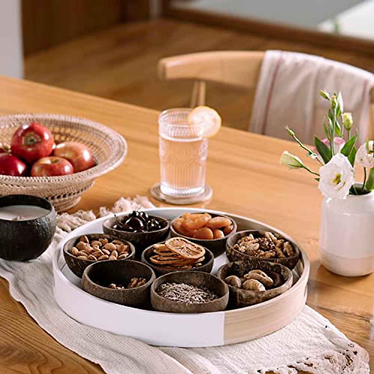 Kiwi Homie 13.78" Dia Spun Bamboo Serving Tray, Round Tray with Handles, Round Ottoman Tray, Semi White for Coffee Table, Serving Food on Home Dining Table, Restaurant (White)