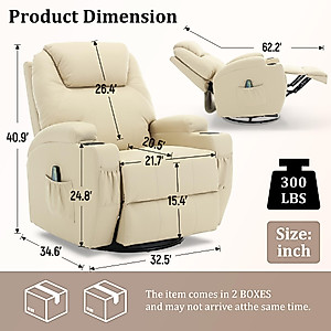 Korser Recliner Chair, Rocking Chair with Massage and Heat, 360° Swivel Recliner Chairs for Adults, Rocker Manual Recliner with Remote Control and Cup Holder for Living Room, Bedroom, Nursery