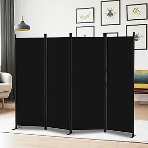 Room Divider 4-Panel Privacy Screen with 3 Support Foot, Portable Screen Steel Frame with Hook&Loop for Home, Office, Classroom, Studio, Meeting Black