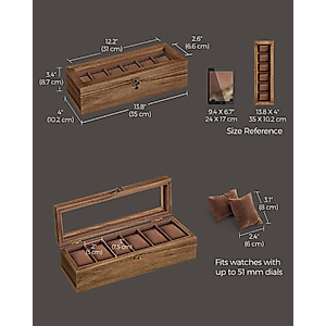 SONGMICS Watch Box, 6-Slot Watch Case, Solid Wood Watch Box Organizer with Glass Lid, Rustic Walnut UJOW006K01