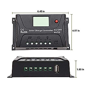 HQST 20Amp 12V/24V PWM Solar Charge Controller Regulator with LCD Display, USB-A Port, Compatible with Sealed, Flooded Lead-Acid Batteries