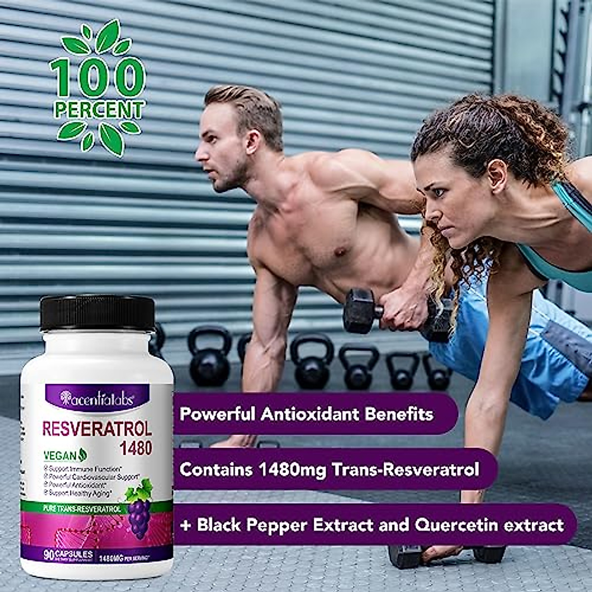 Resveratrol 1,480MG with Quercetin 90 Capsules - Vegan Trans-Resveratrol Antioxidants for Healthy Aging, Immune System, Cardiovascular & Joint Support - Improving Fatigue, Memory and Brain Function