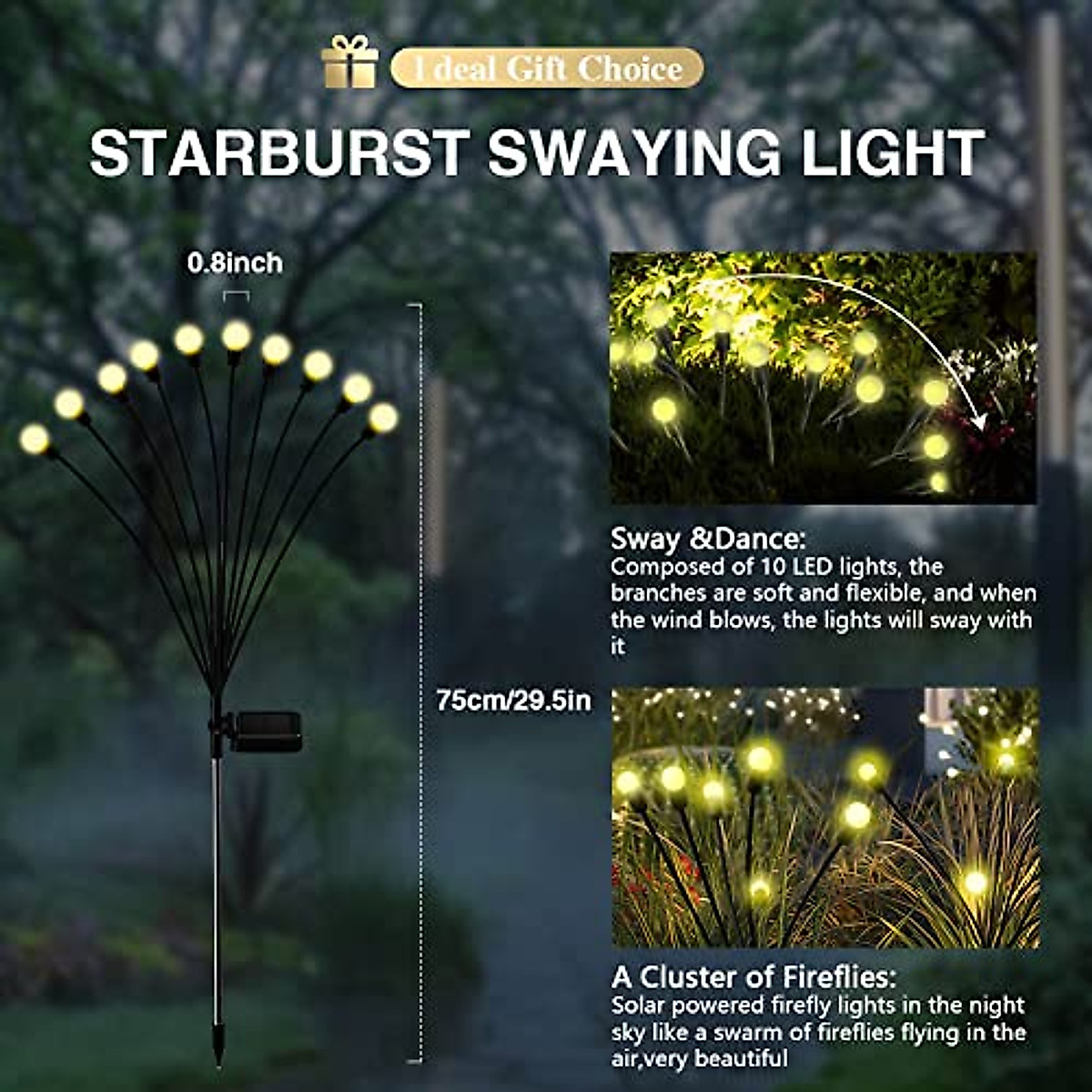 ciwich Solar Garden Lights, 10LED Starburst Swaying Solar Lights, Firefly Lights Solar Outdoor Waterproof, Solar Garden Decorative Lights for Pathway Yard Patio Landscape, （2PCS,Warm White）
