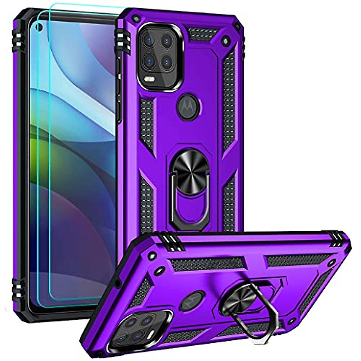 Androgate Compatible with Moto G Stylus 5G Case with HD Screen Protector, Military-Grade Ring Holder Stand Car Mount 16ft Drop Tested Protective Cover Phone Case for Motorola Moto G Stylus 5G, Purple