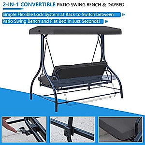 VEIKOU Outdoor Porch Swing with Converting Seat, 3-Seat Patio Swing Chair w/Upgraded Thick Cushion & Weather Resistant Steel Frame, Backyard Swing Glider Hammock w/Adjustable Canopy, Grey