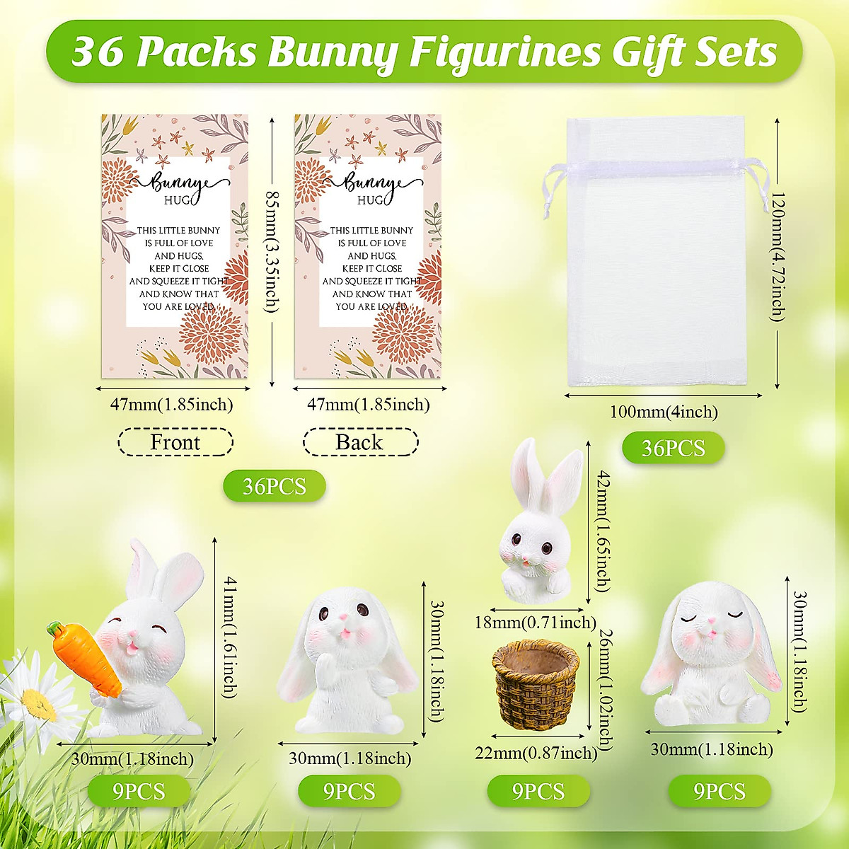 Fumete 36 Set Bunny Hug Party Favors Include Miniature Bunny Cupcake Toppers Inspirational Bunny Hug Card Organza Bag Gifts for Bunny Birthday Decorations Rabbit Autumn Baby Shower Bridal Wedding