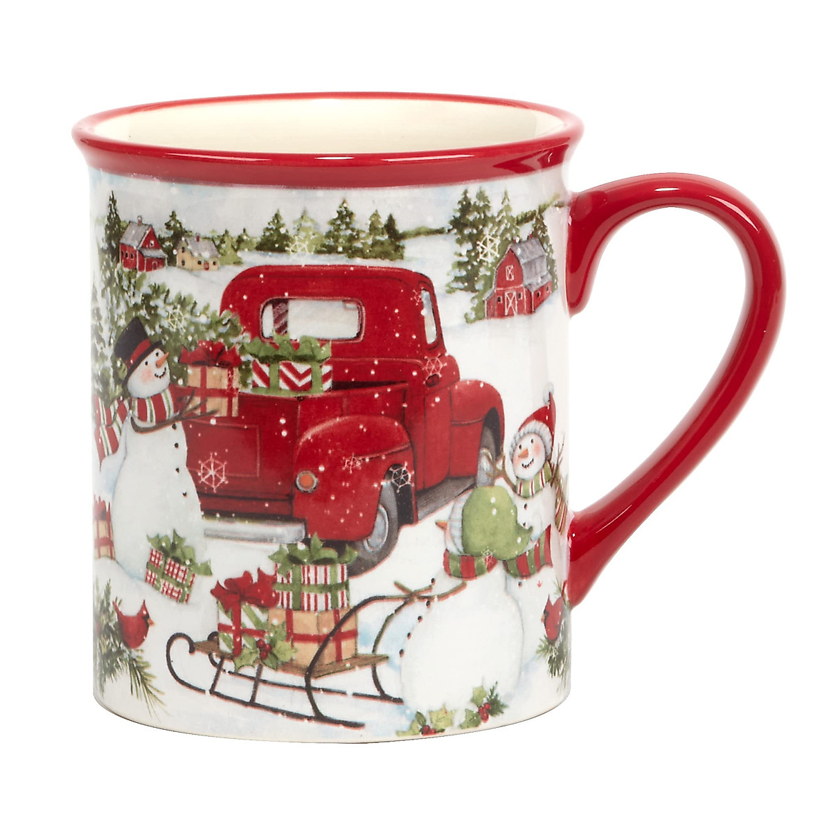 Certified International Red Truck Snowman 16 oz. Mugs, Set of 4, Multicolor