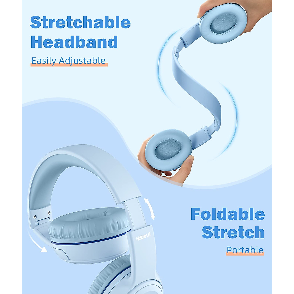 Nabevi Kids Headphones, Over-Ear Headphones Bluetooth Wireless Kids with Mic, 85/93dB Volume Limited, Stereo Sound, Wired Inline AUX Cord Headphones for Children Boy Girl Teens, Blue