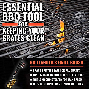 Grillaholics Essentials Brass Grill Brush - Softer Brass Bristle Wire Grill Brush for Safely Cleaning Porcelain and Ceramic Grates - Lifetime Manufacturer's Warranty