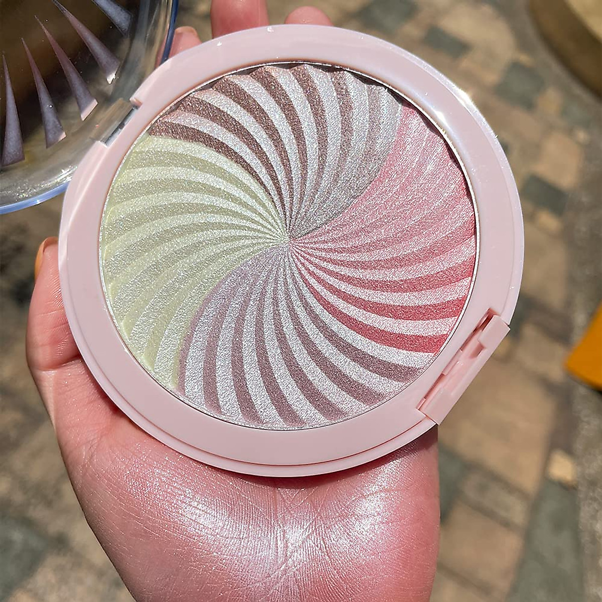 TINTARK 4 inch Supersize Vortex Highlighter Palette for Face Body Cheek,Ultra Shimmer Sparkle Compact,Talc Free,Glow Metallic Glitter Brighten Illuminator,Pink Pearl Powder,Rose Gold,Peach,Champagne