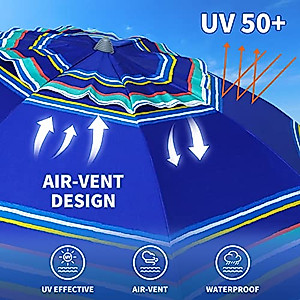 AMMSUN 7ft Heavy Duty High Wind Beach Umbrella Parasols with sand anchor & Tilt Sun Shelter, UV 50+ Protection Outdoor Sunshade Umbrella with Carry Bag for Patio Garden Beach Pool Backyard Stripe Blue
