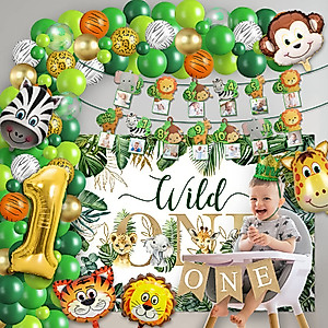 Wild One Birthday Decorations for Boys, Safari First Birthday Decorations, include Backdrop, Tablecloth, Balloon Arch, Highchair Banner, Monthly Photo Banners, Crown, Jungle Animals Foil Balloons
