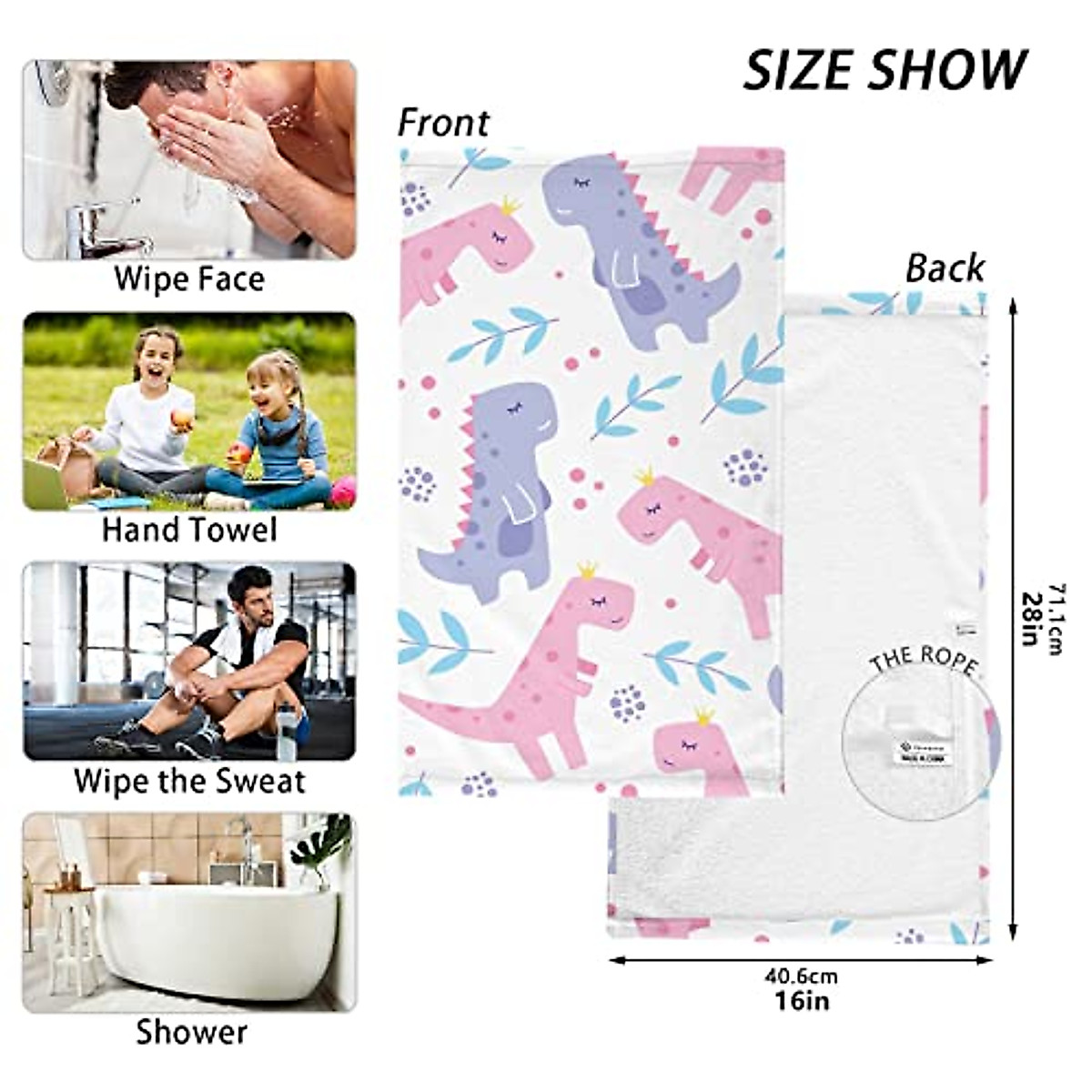 Kigai Pink Dinosaur Cotton Hand Towels for Bathroom, Soft Absorbent Washcloths for Kitchen Hotel Gym Swim Camp Beach Spa, 2 Pack