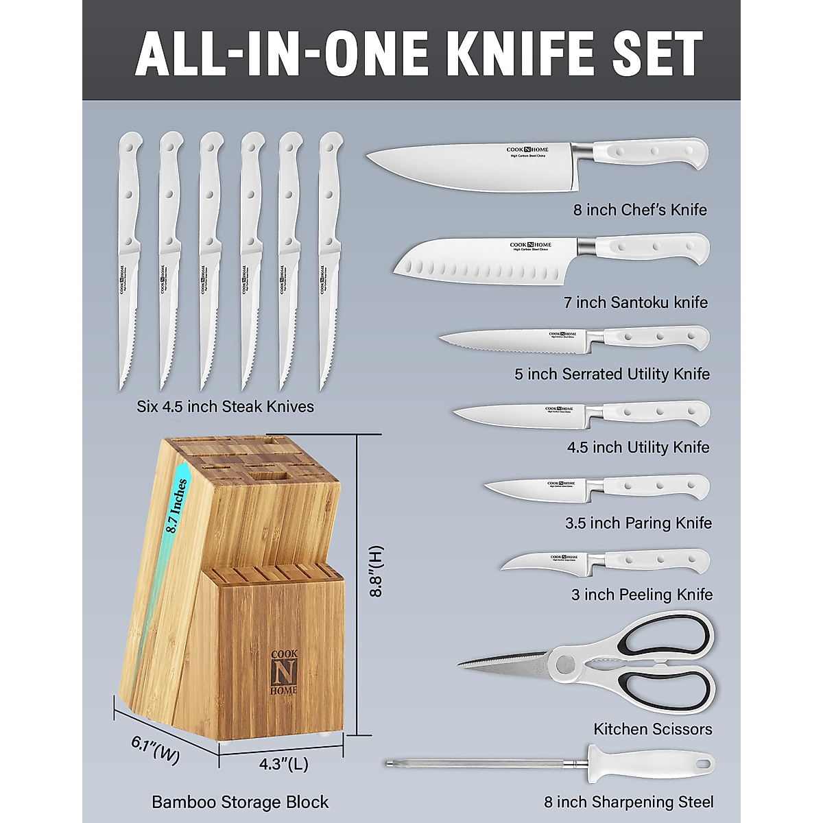 Cook N Home Kitchen Knife Set with Bamboo Storage Block 15-Piece, High Carbon Stainless Steel Blade, White